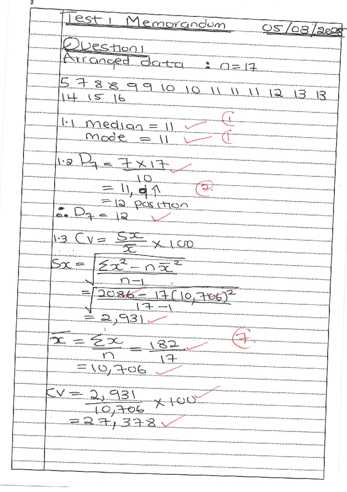 Test 1-Memorandum 2025 - 2 Test , Memorandum Question 1 Arranged data ...