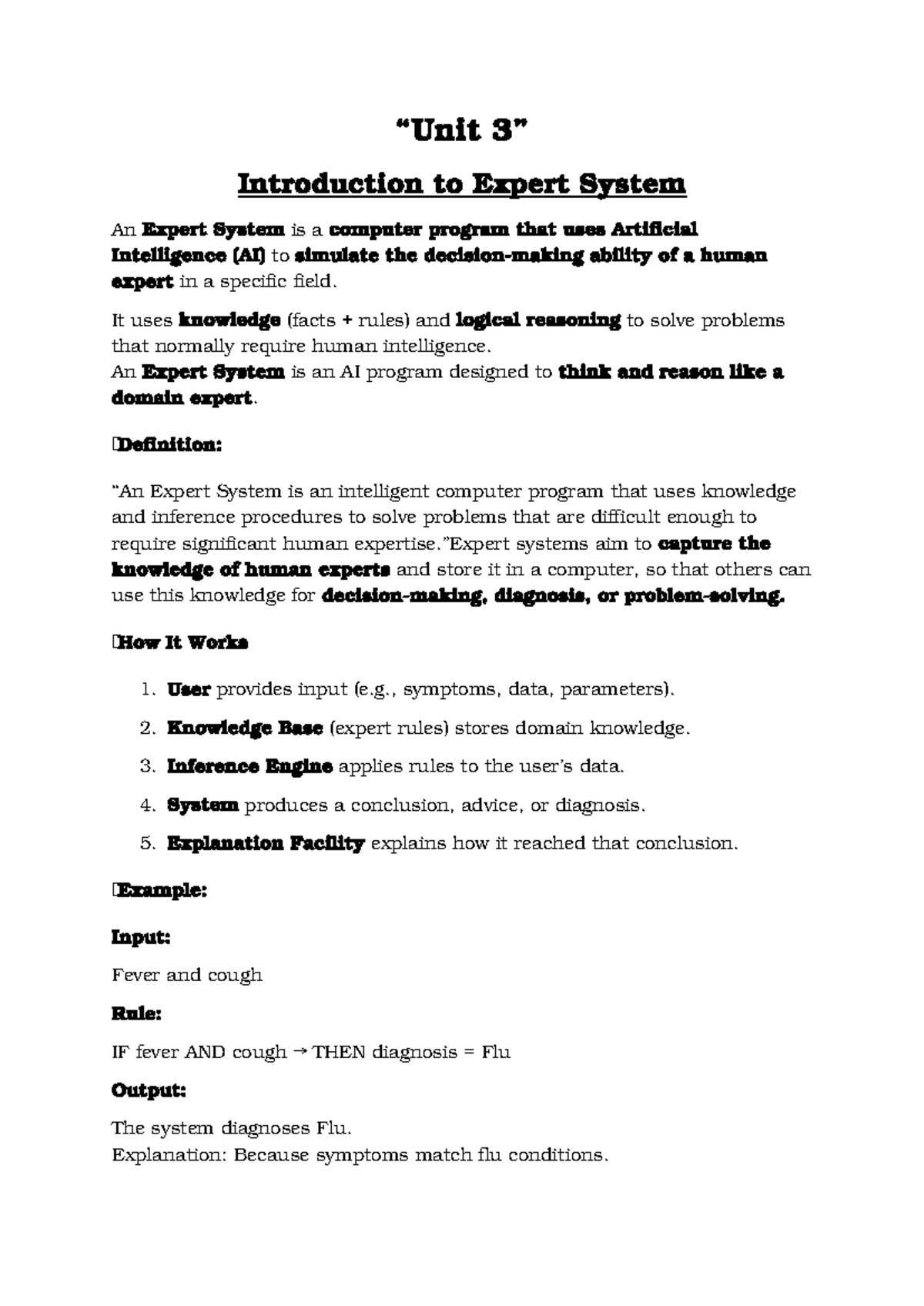 AI-ML UNIT 3: Comprehensive Overview of Expert Systems - Studocu