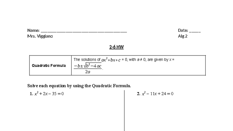 Alg 2 HW: Solving Quadratic Equations Using the Formula - Studocu