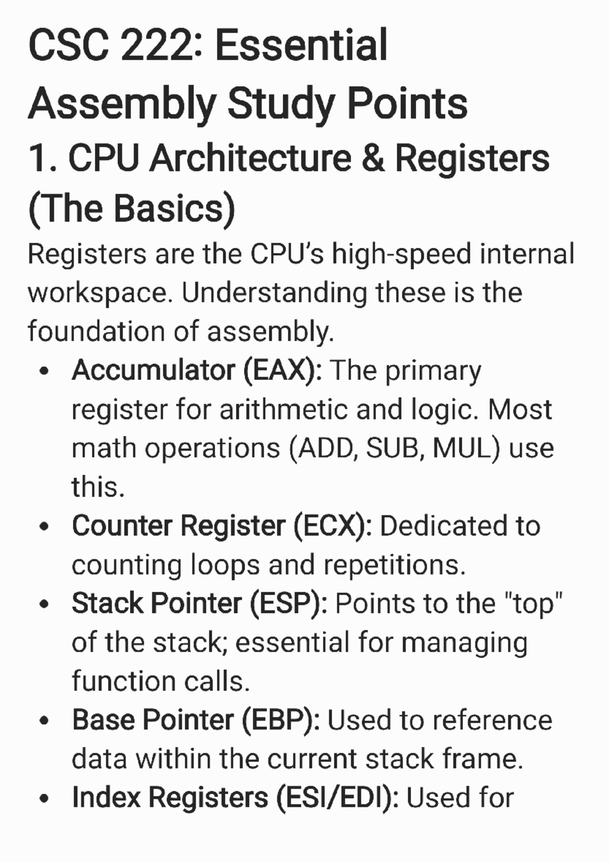 CSC 222 Essential Assembly Study Points: CPU Architecture & More - Studocu