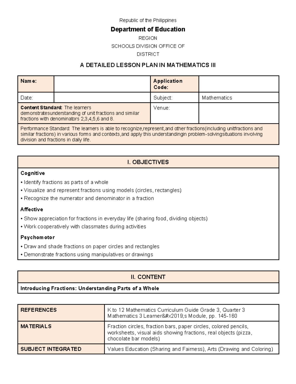 Grade 3 Math Q3: Detailed Lesson Plan on Introducing Fractions - Studocu
