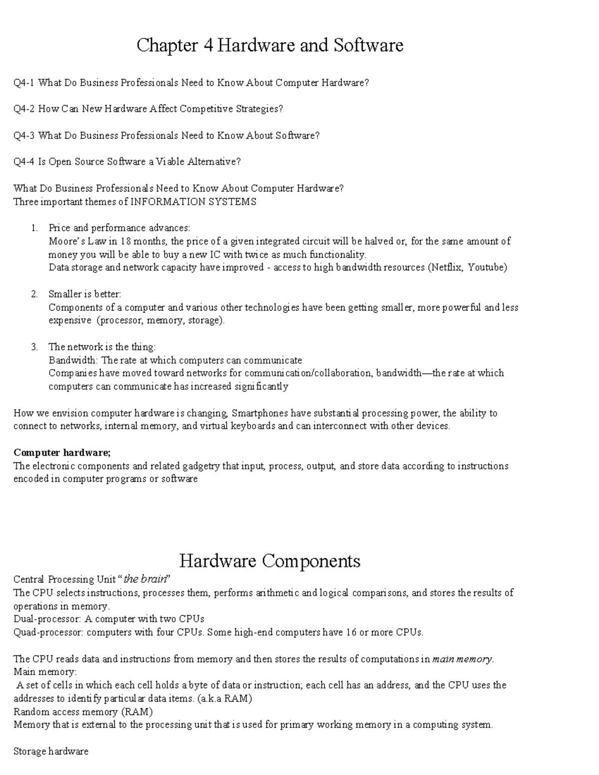 Chapter 4: Understanding Hardware & Software in Business Tech - Studocu
