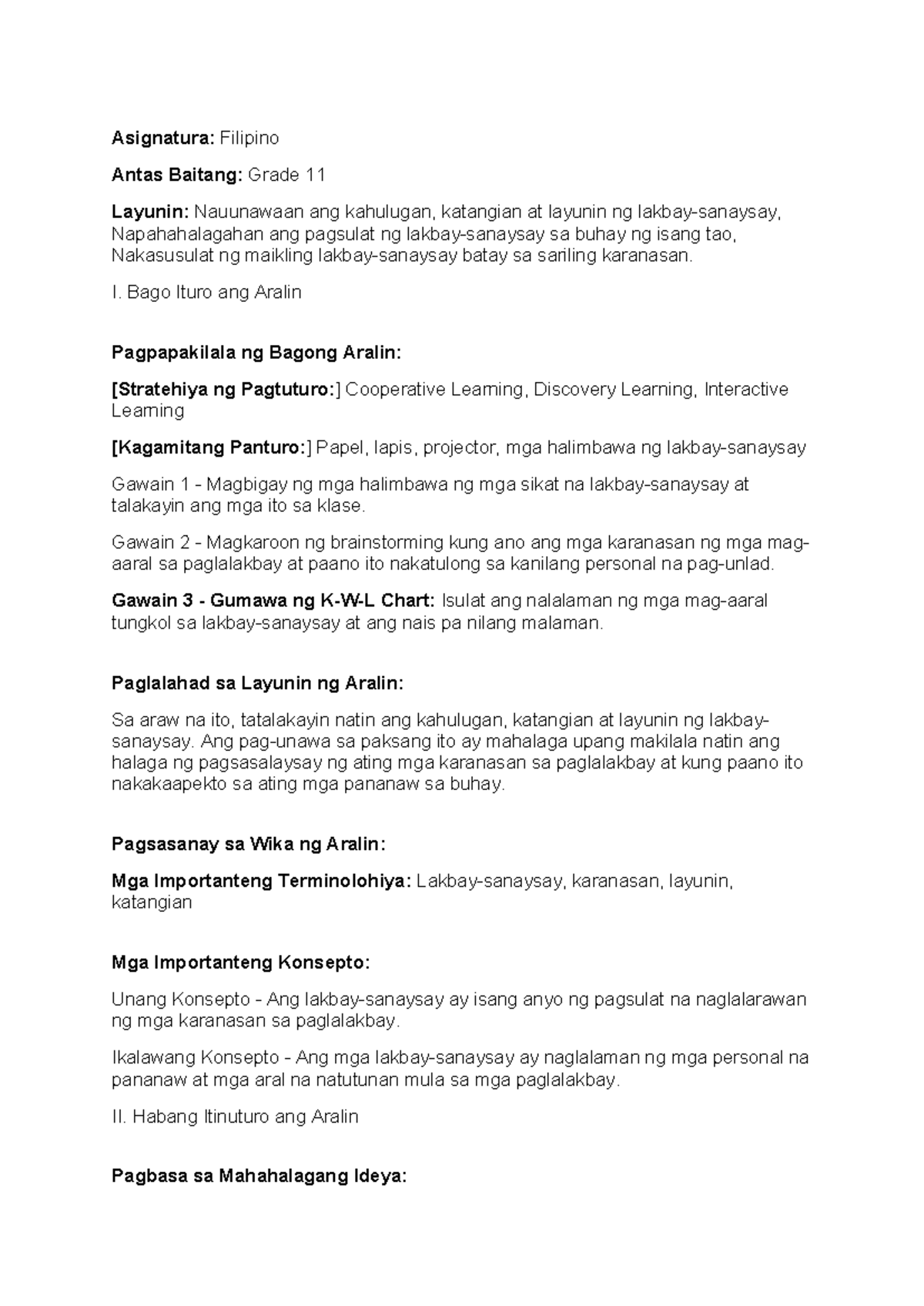 Filipino 11: Lesson Plan on Lakbay-Sanaysay Writing Techniques - Studocu