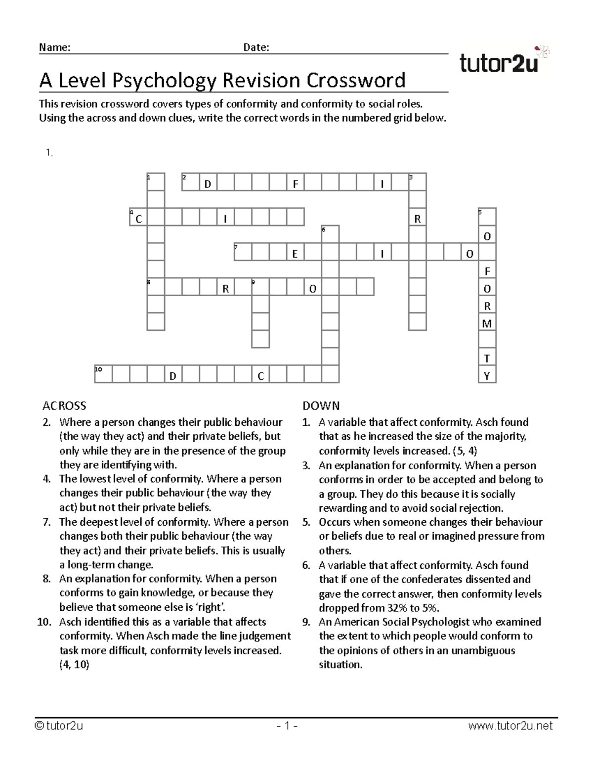 AQA Psychology A Level Social Influence Revision Crossword Guide - Studocu