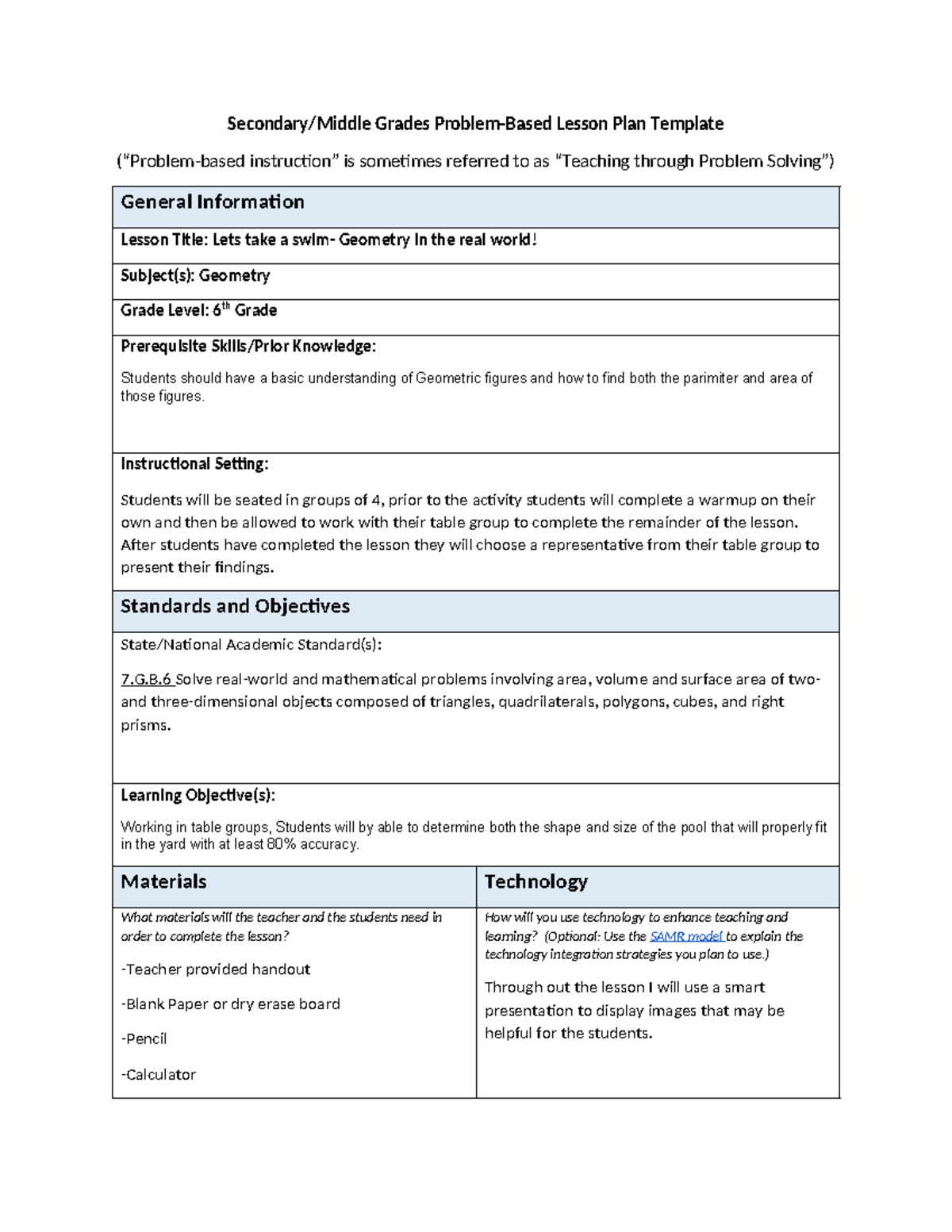 Task 3 - Geometry Lesson Plan: Designing a Pool for Sally's Yard - Studocu