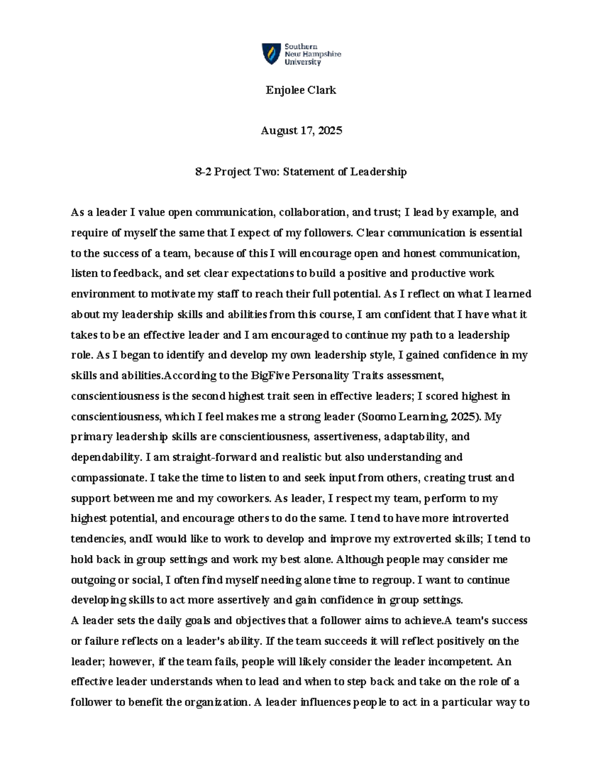 BUS 210 Project 8: Leadership Statement and Personal Reflection - Studocu