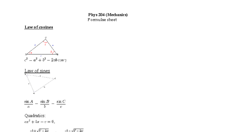 Phys 204 Final Exam Formulae Sheet Mechanics Trigonometry Studocu