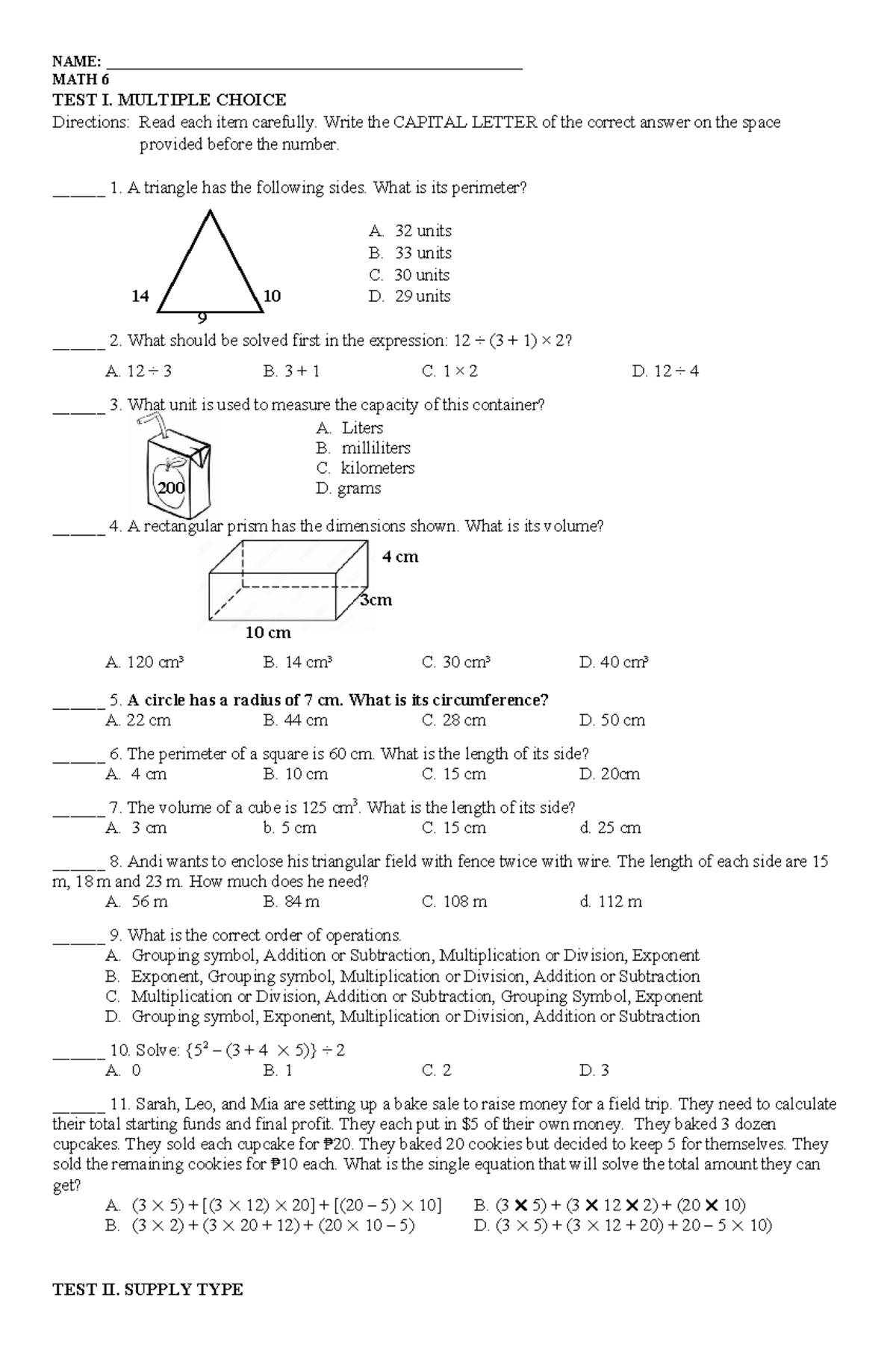 MATH 6 MOCK TEST: Third Quarter Exam Review - Studocu