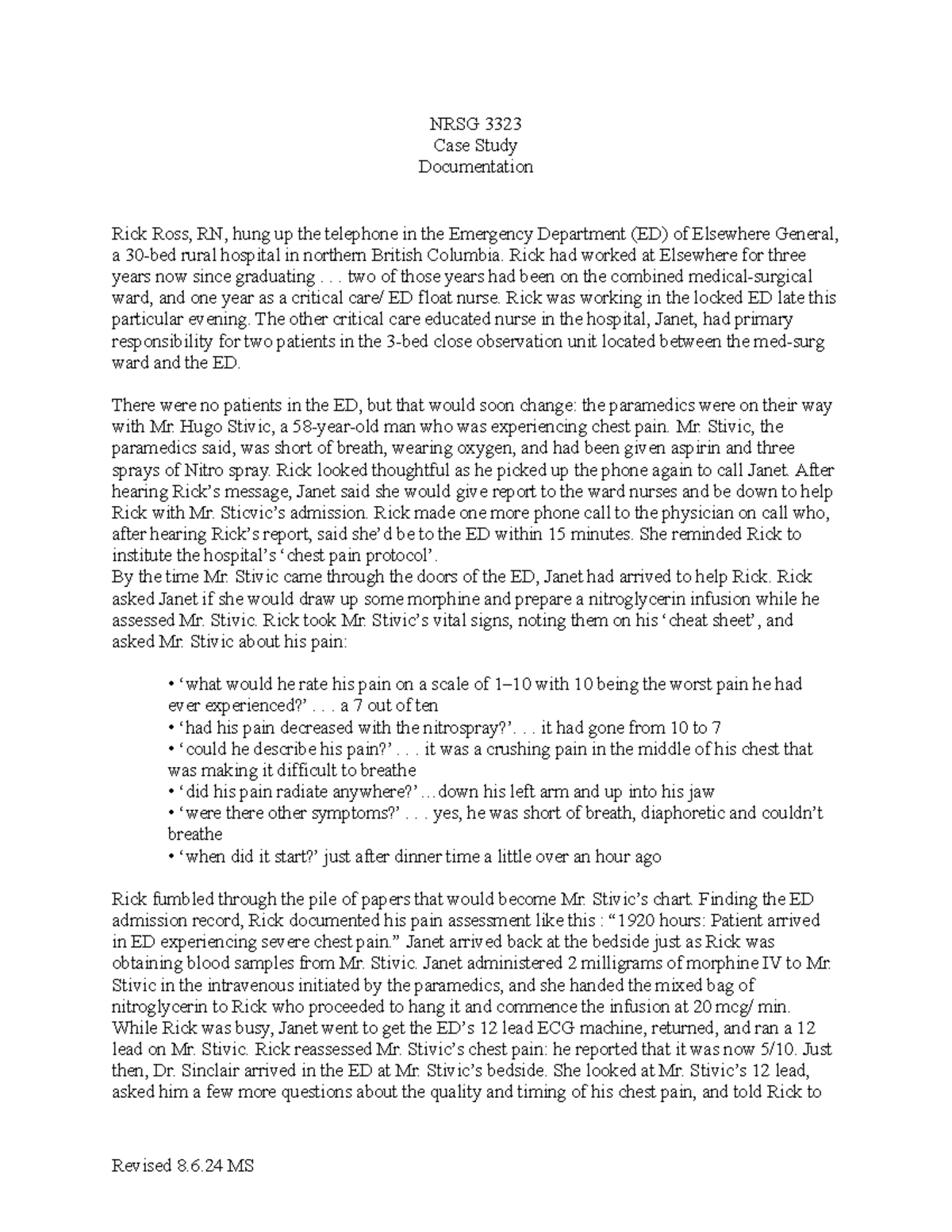 NRSG 3323 Case Study: Effective ED Documentation for Chest Pain ...