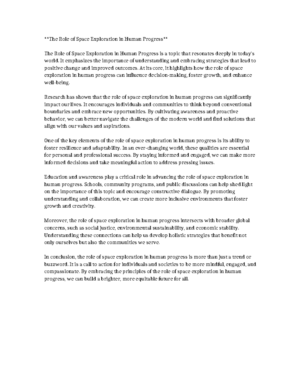 Essay 10: The Impact of Space Exploration on Human Progress - Studocu