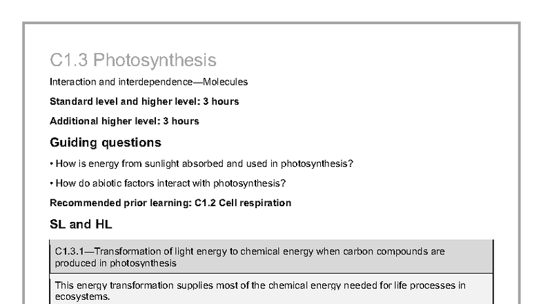 C1.3 Photosynthesis Notes: Energy Transformation & Ecosystem Impact ...