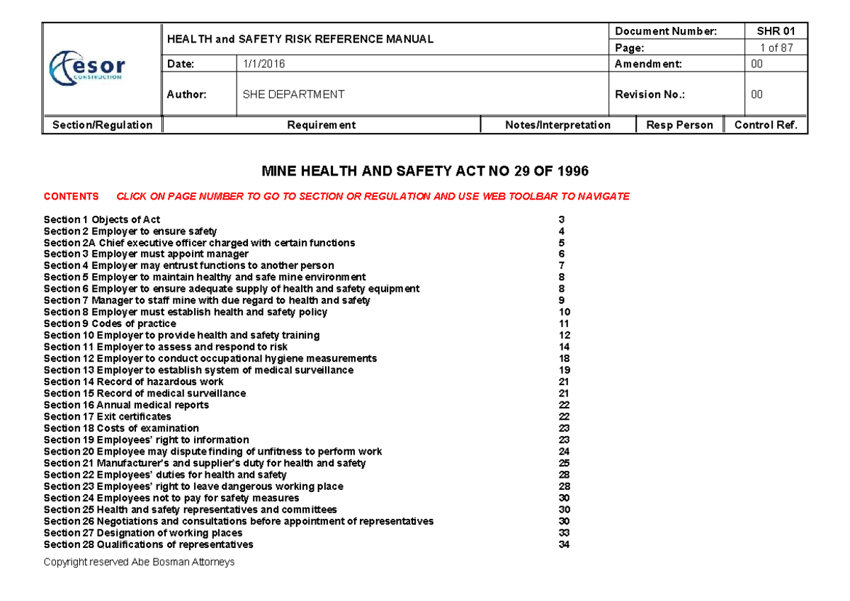 Health and Safety Risk Reference Manual - MHSA Act Compliance Guide ...
