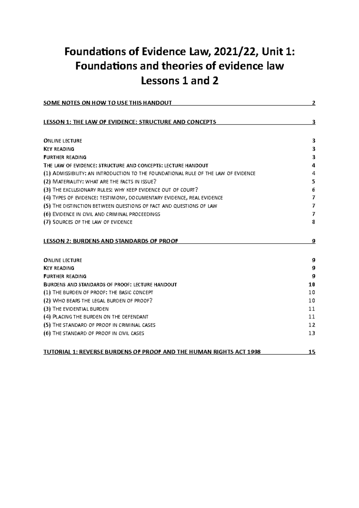 Foundations of Evidence Law 2020 Unit 1 Lessons 1-2 and Tutorial 1 ...