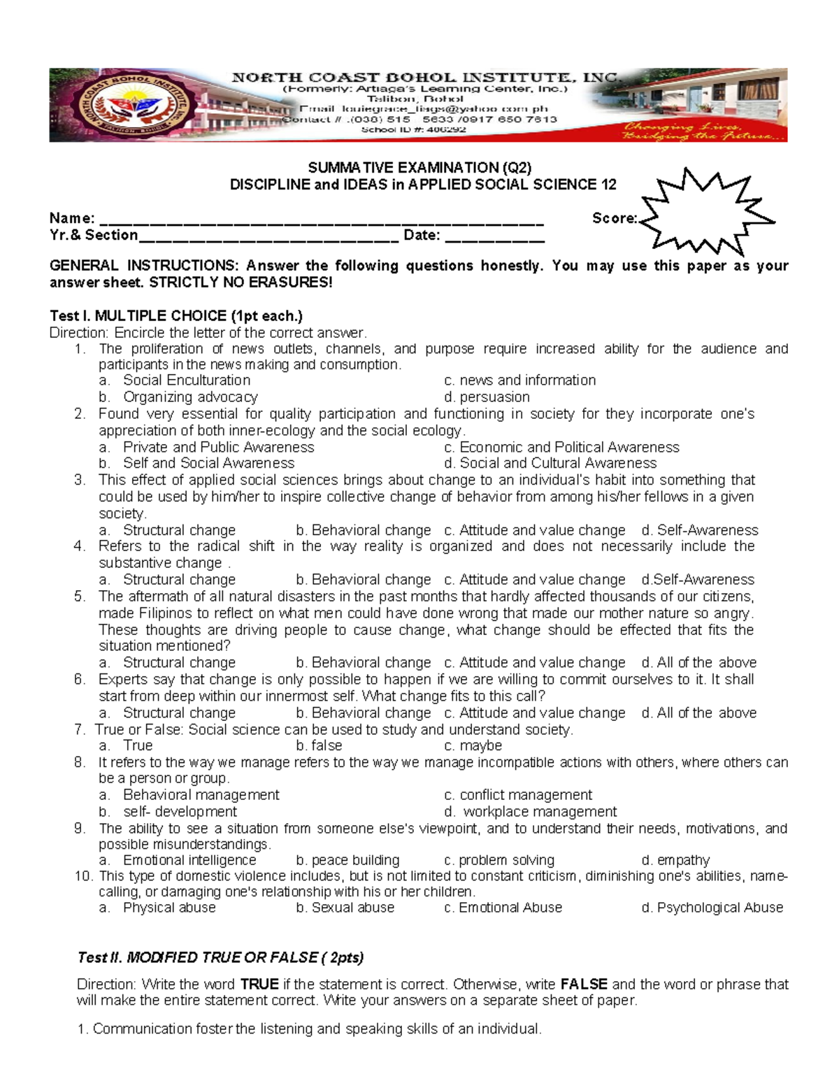 Q2 Summative Exam: Applied Social Science 12 Assessment - Studocu