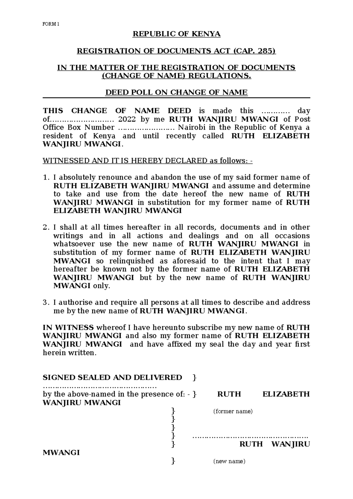 Deed Poll for Change of Name: Ruth Wanjiru Mwangi - Studocu
