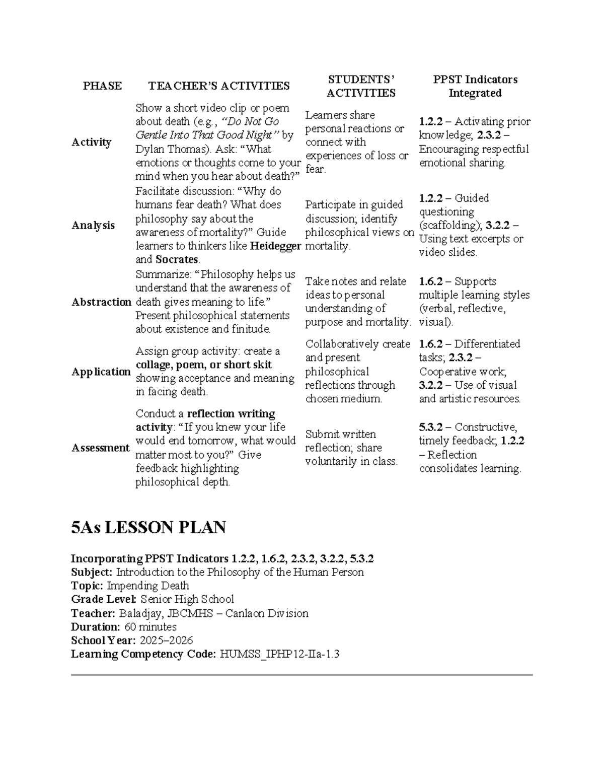 PHIL 101: Lesson Plan on Impending Death and Human Mortality - Studocu