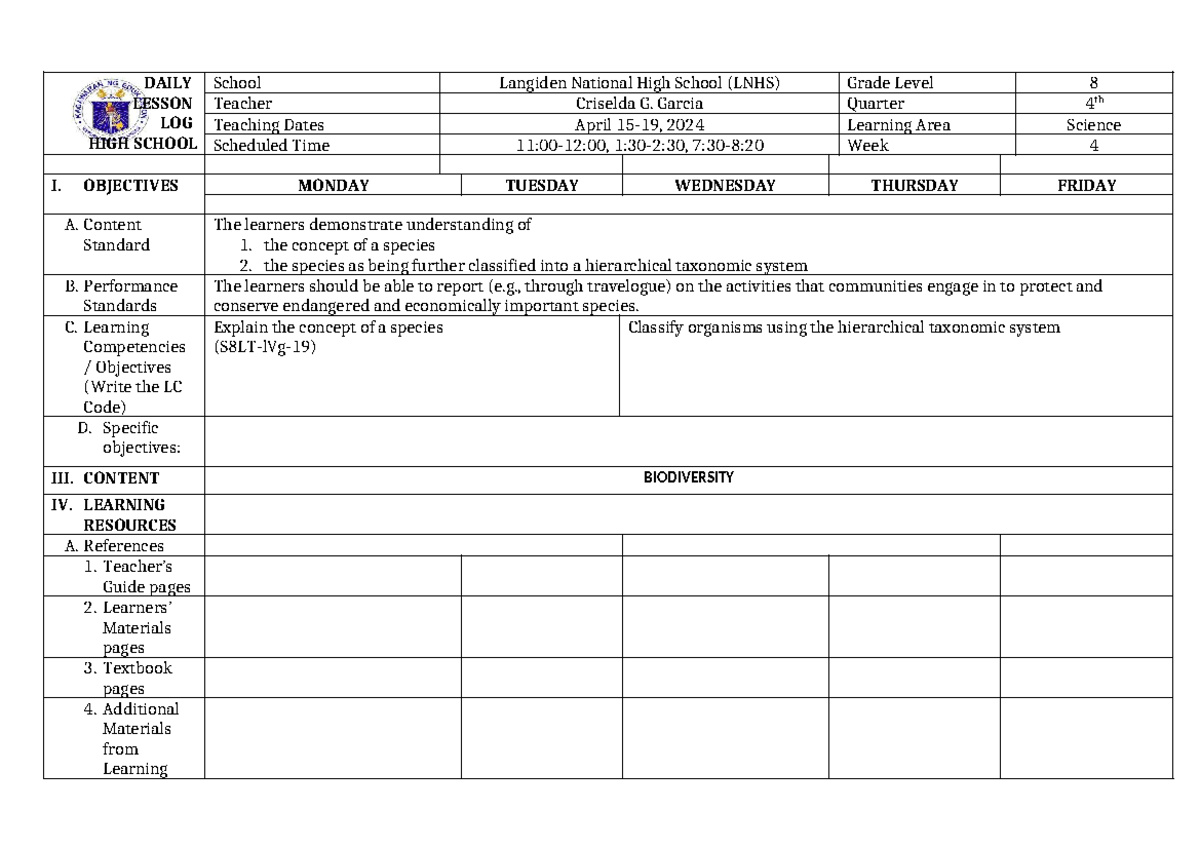 Science 8 DLL 4th Quarter Week 8 Lesson Plan and Objectives - Studocu