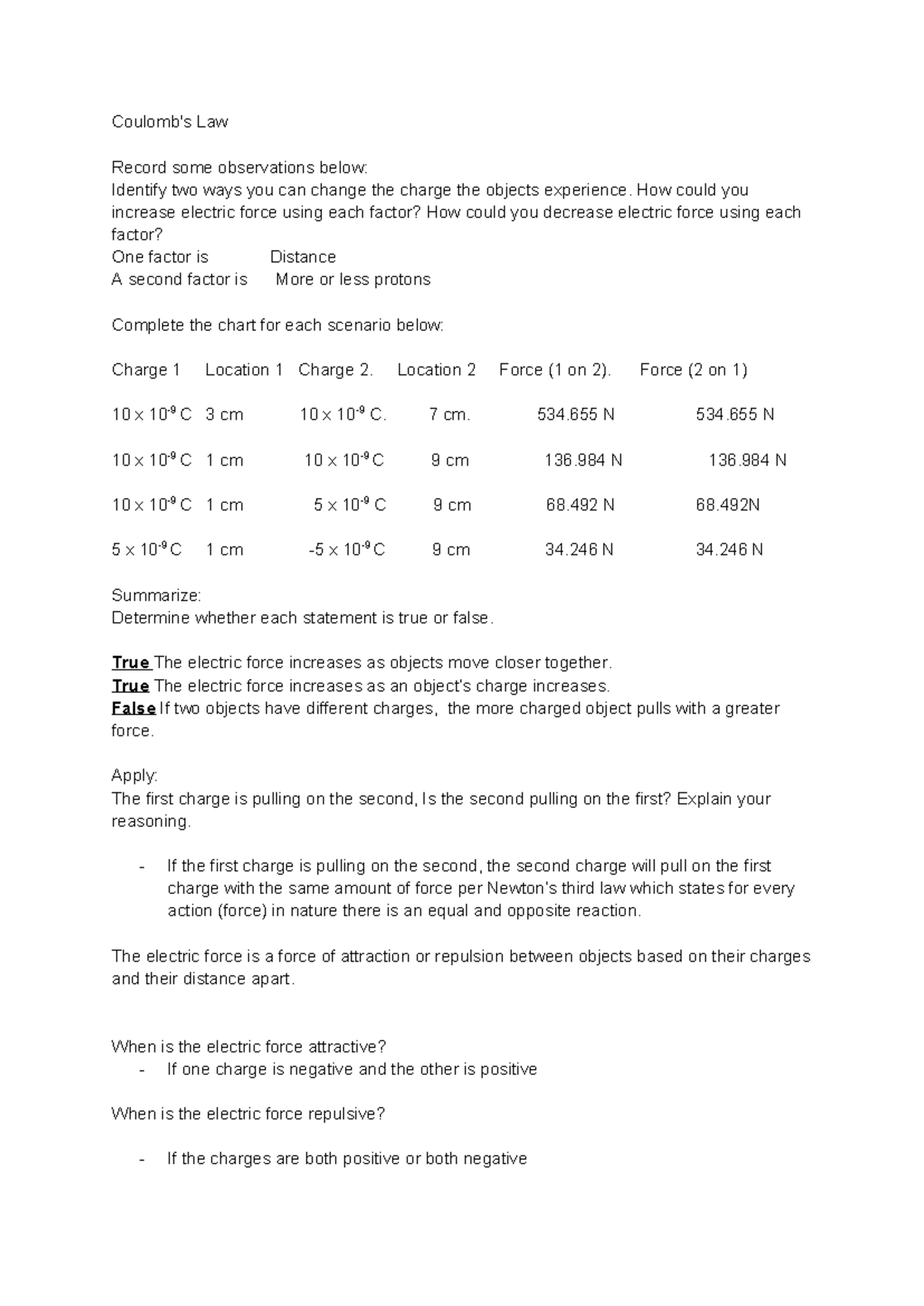 Coulomb's Law Worksheet: Exploring Electric Forces and Charges - Studocu