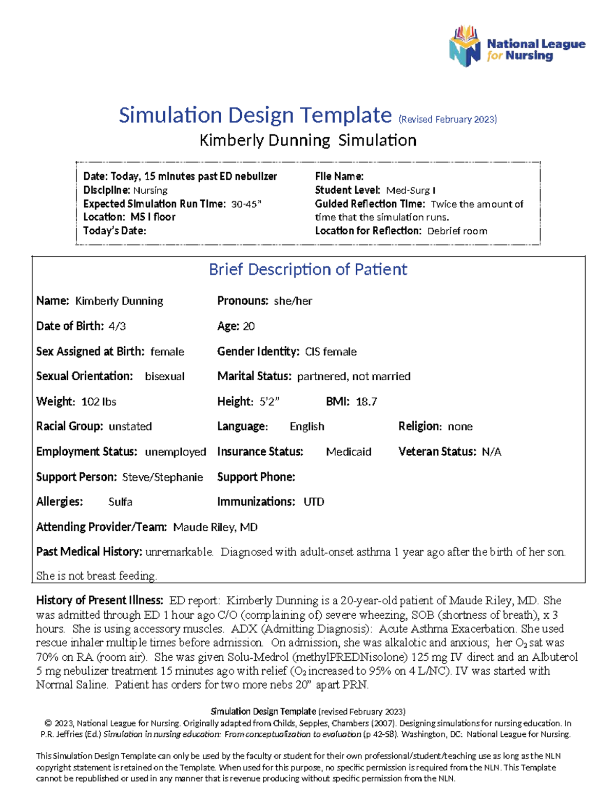 (F23) Dunning NLN Simulation Design Template - Acute Asthma Scenario ...