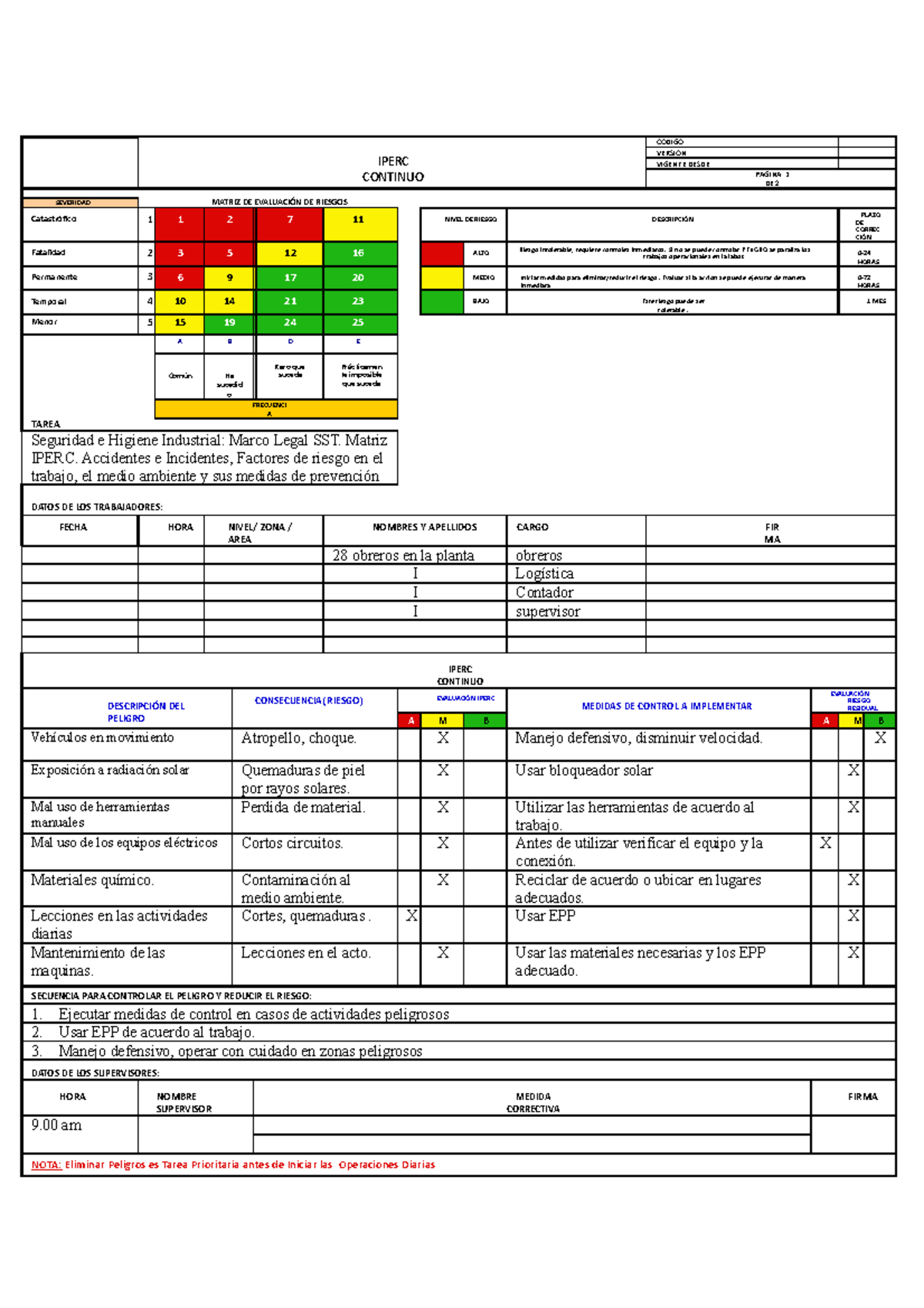 Formato IPERC Continuo: Evaluación de Riesgos y Medidas de Control ...