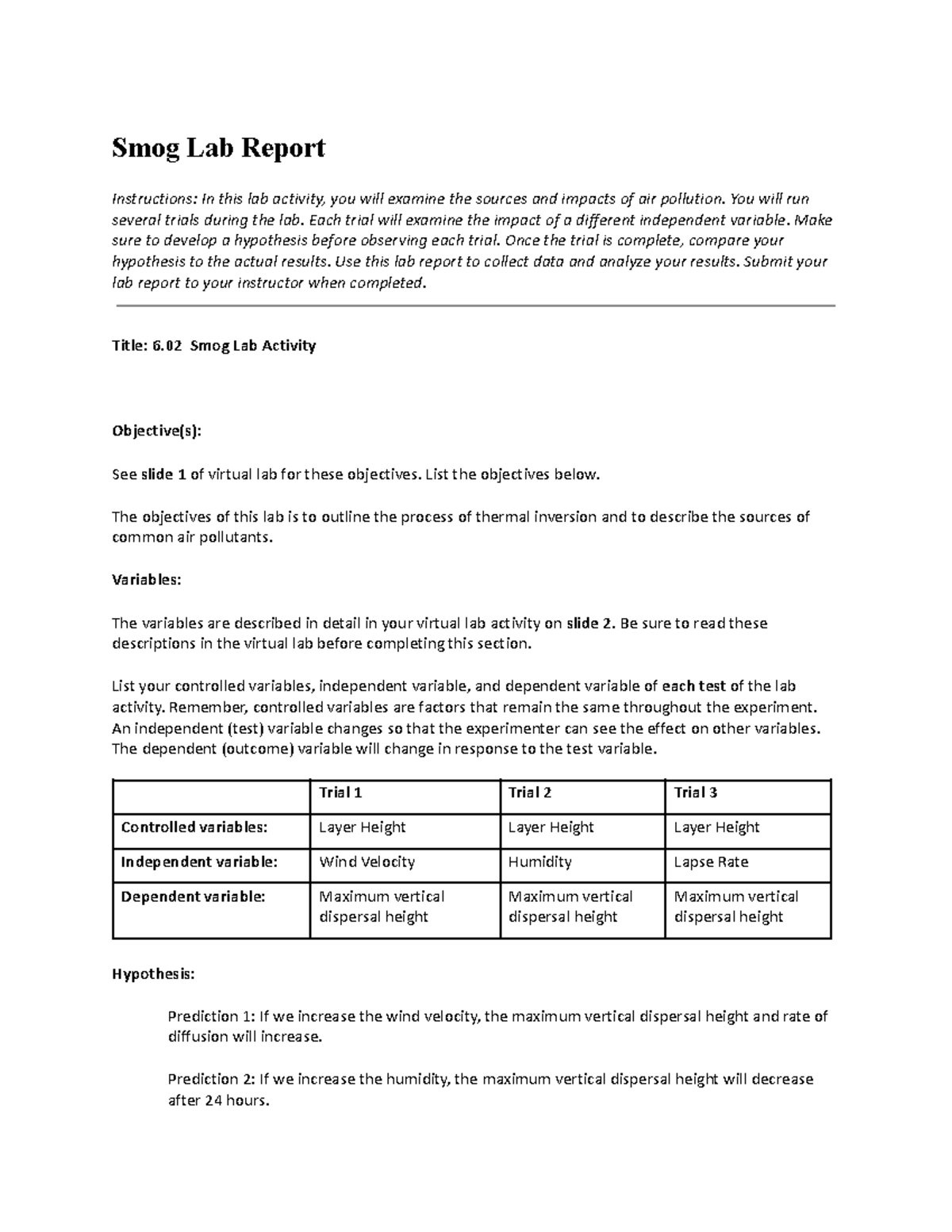 Smog Lab Report: Analyzing Air Pollution Sources & Impacts - Studocu