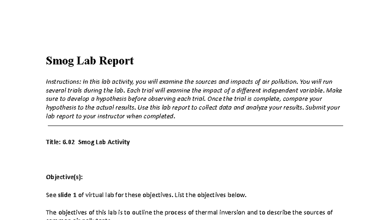 Smog Lab Report: Analyzing Air Pollution Sources & Impacts - Studocu