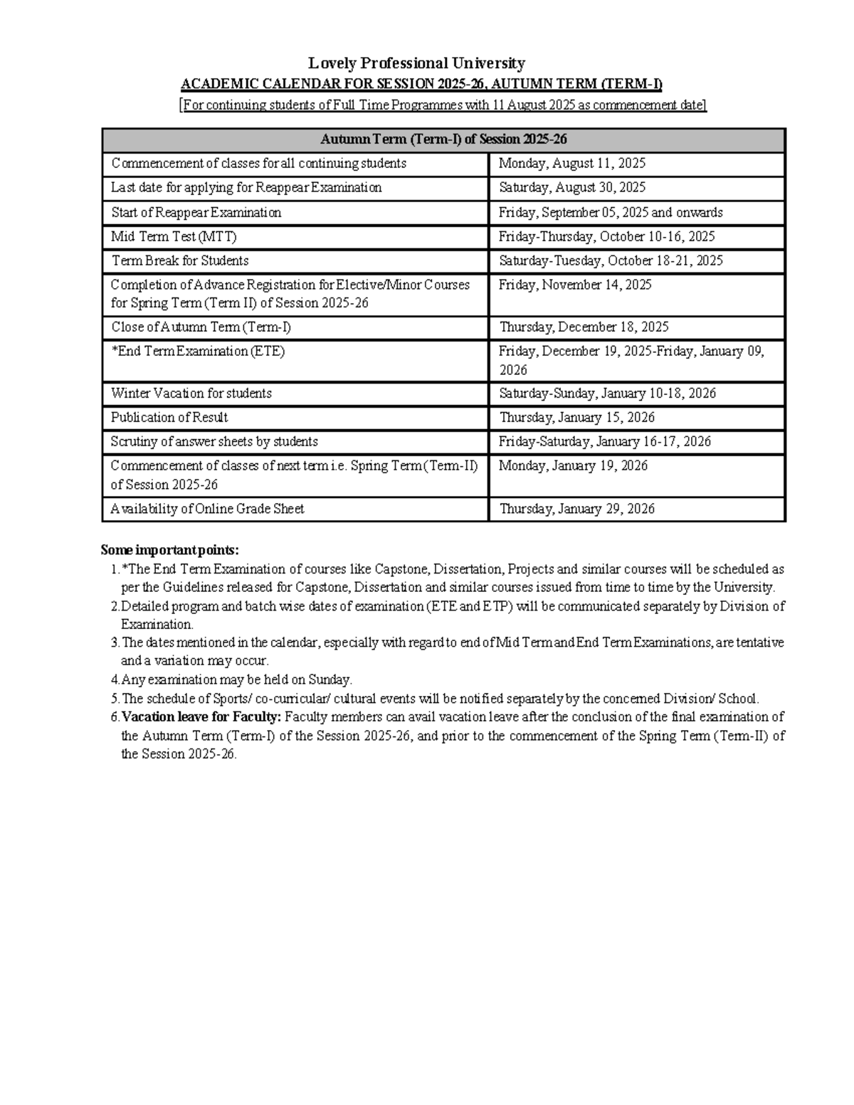 LPU Academic Calendar for Full-Time Programs: Autumn Term 2025 - Studocu