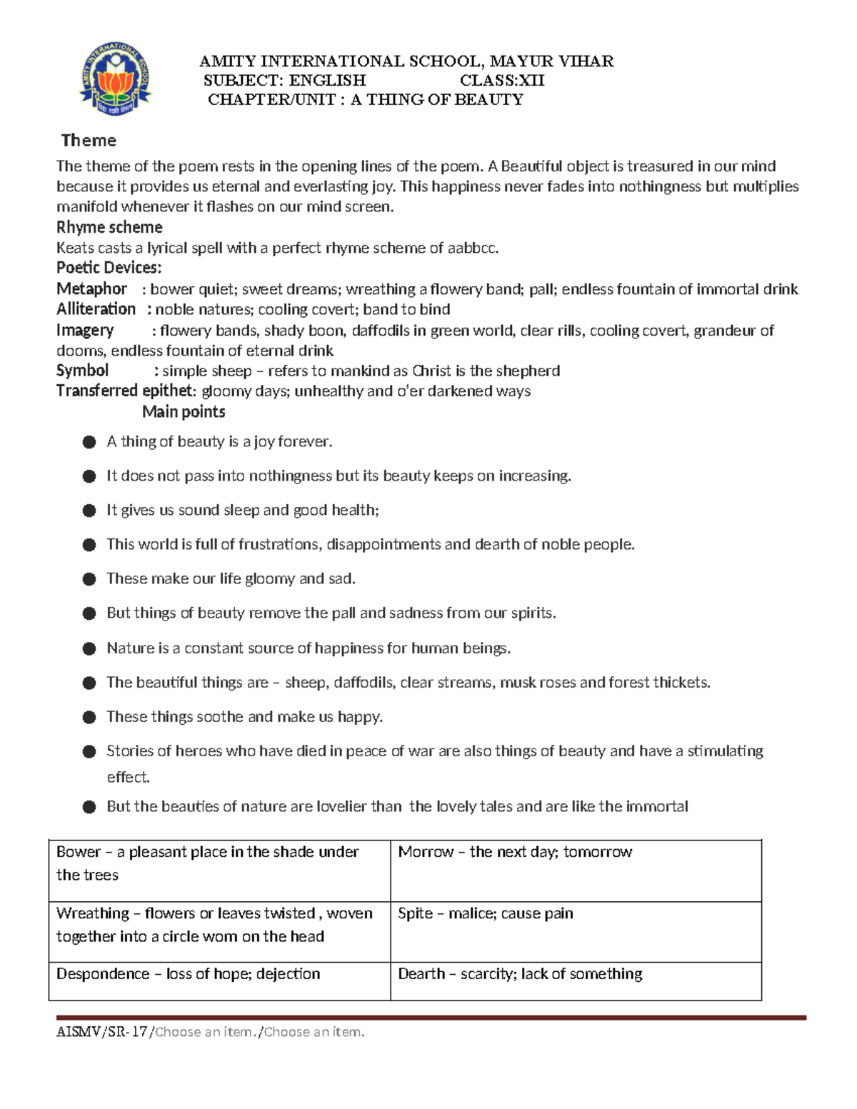ENGLISH XII: A THING OF BEAUTY - Poem Analysis & Themes - Studocu