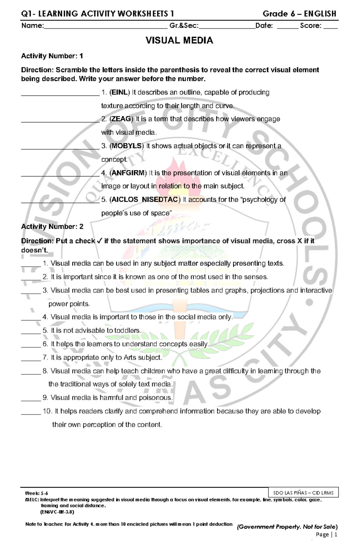 Q1 G6 English Learning Activity Worksheets W5-6 on Visual Media - Studocu