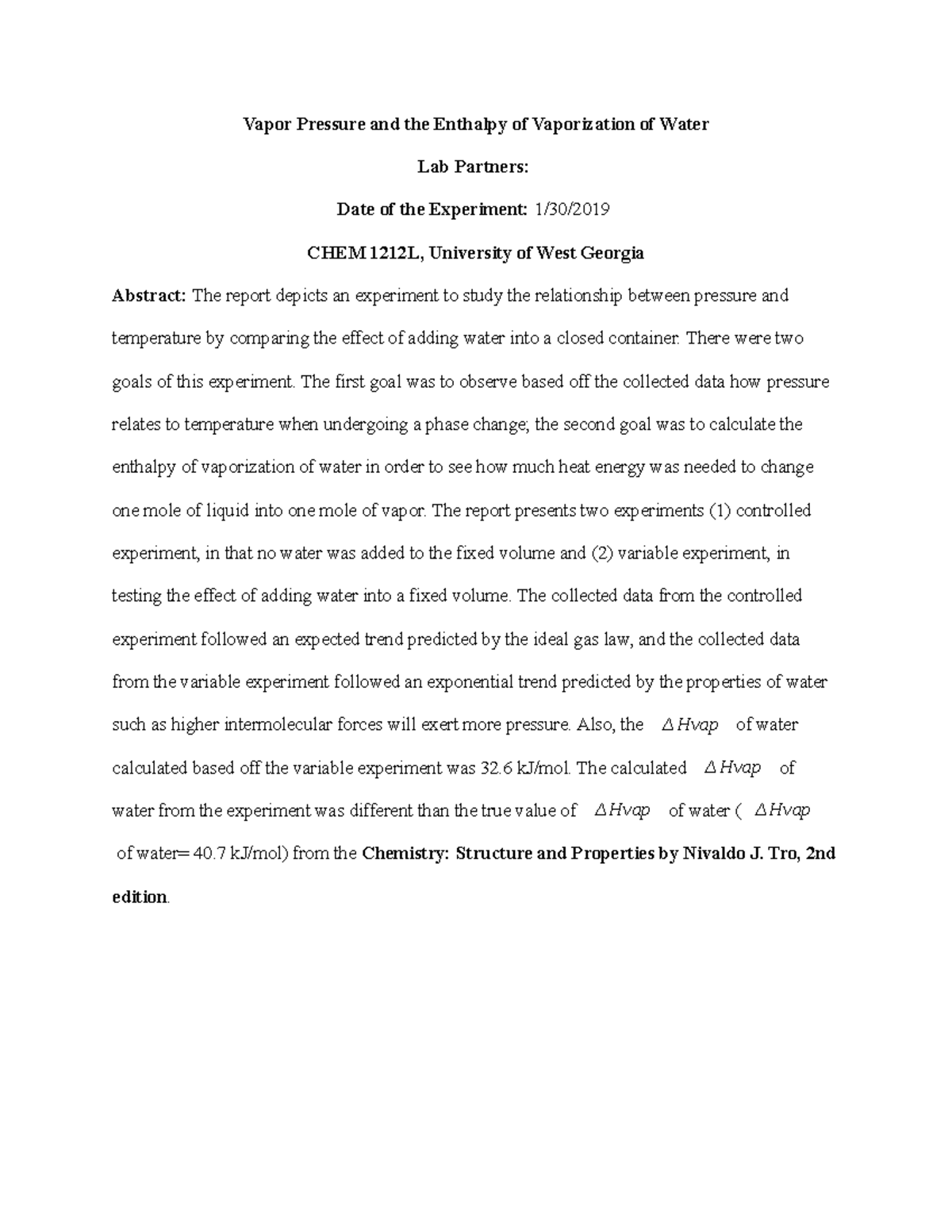 Lab 12 Enthalpy of Water and Vaporization - Vapor Pressure and the ...