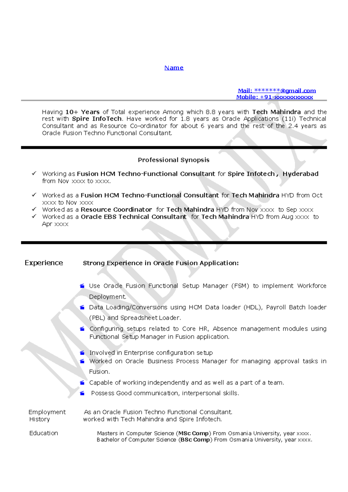 514923947 Oracle Fusion HCM Consultant Resume Sample - Studocu