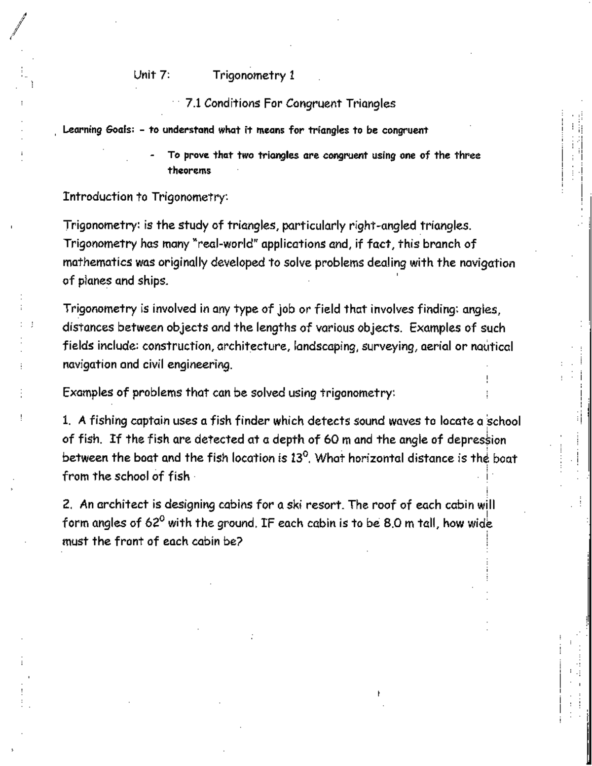 Unit 7: Trigonometry 1 - Conditions for Congruent Triangles - Studocu