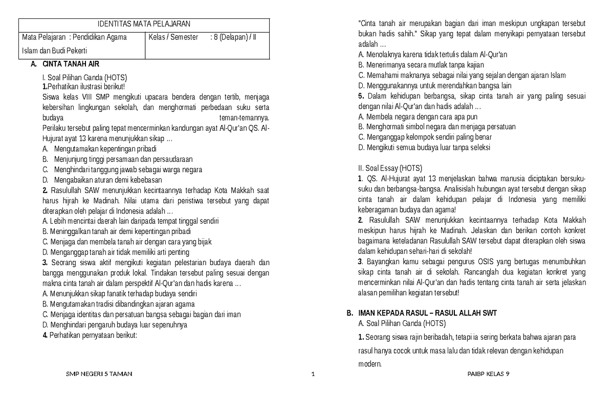 Format LKPD PAIBP Kelas 9 Semester II: Cinta Tanah Air dan Iman - Studocu