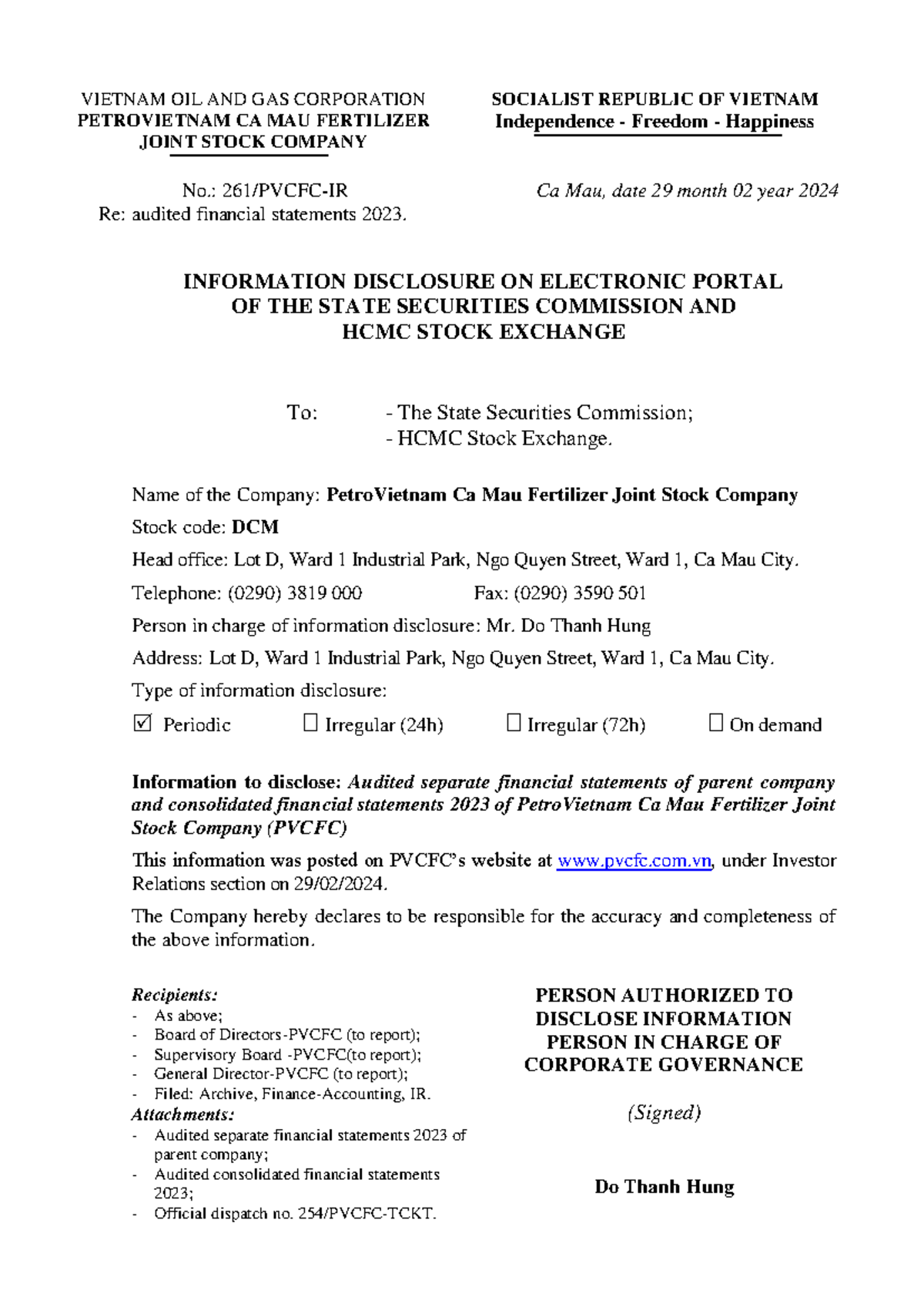 Audited Consolidated Financial Statements 2023 for DCM - PVCFC - Studocu