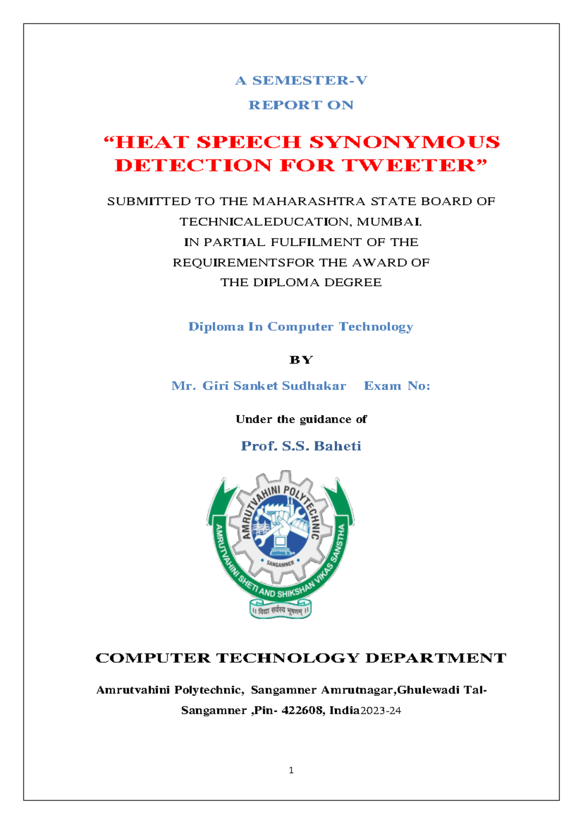 Giri Sanket - Vhgy - A SEMESTER-V REPORT ON “HEAT SPEECH SYNONYMOUS ...