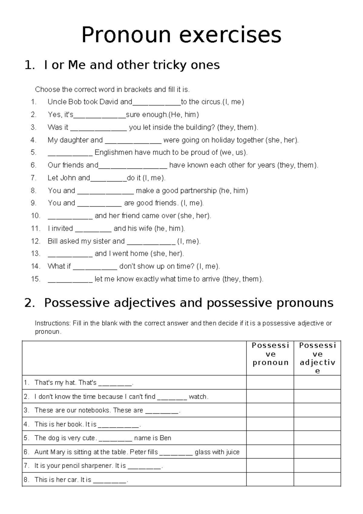 Pronoun Exercises 2023: I, Me, and Other Tricky Ones - Studocu