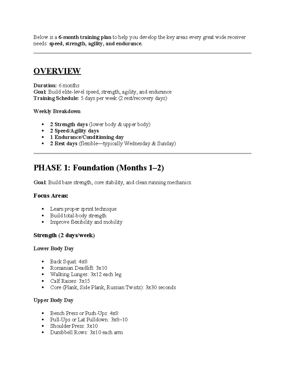 6-Month WR Training Plan: Speed, Strength, Agility, Endurance - Studocu