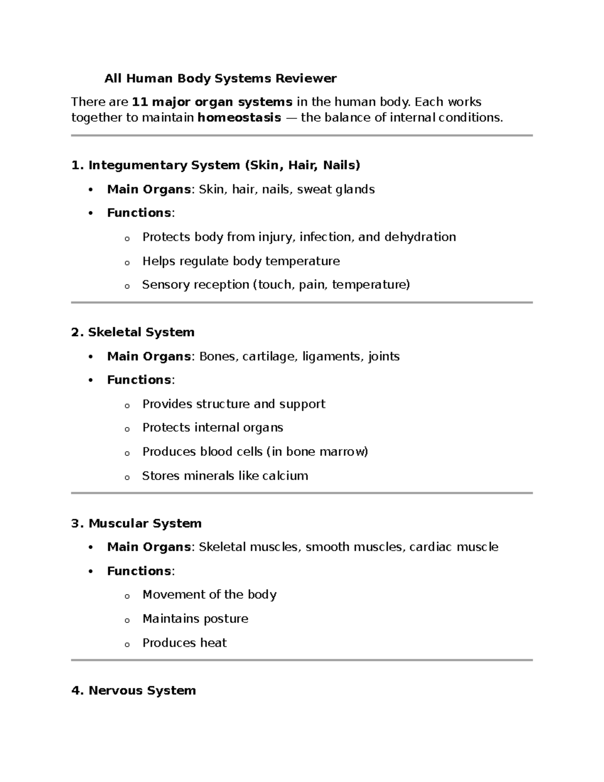 Human Body Systems Review: Key Functions & Organs - Studocu