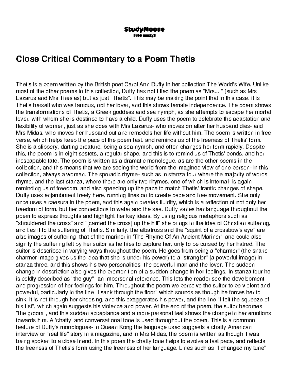 Close Critical Commentary on Carol Ann Duffy's Poem "Thetis" - Studocu