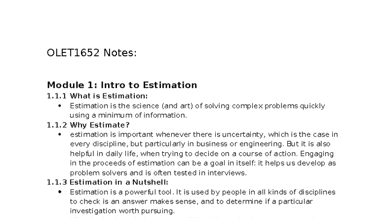 OLET1652 Notes: Module 1 - Introduction to Estimation Techniques - Studocu