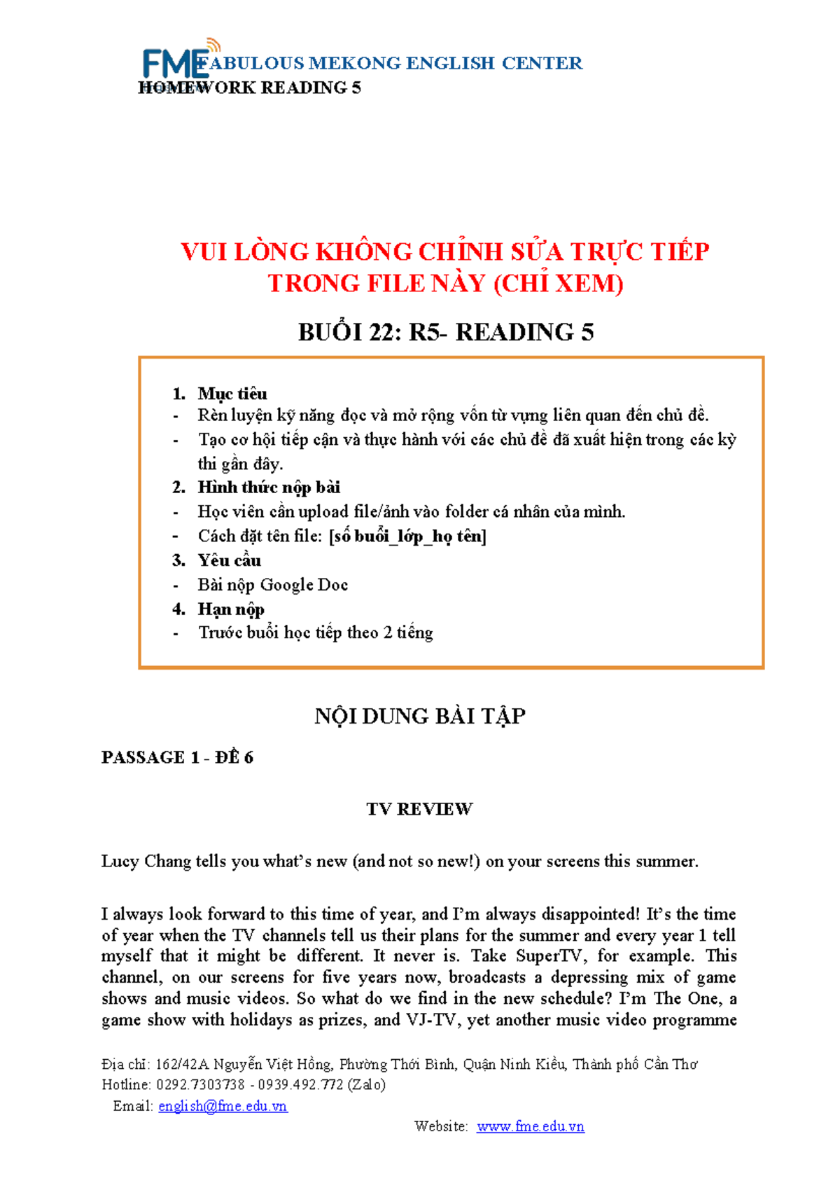 FABULOUS MEKONG ENGLISH CENTER HOMEWORK READING 5 - SESSION 22 - Studocu