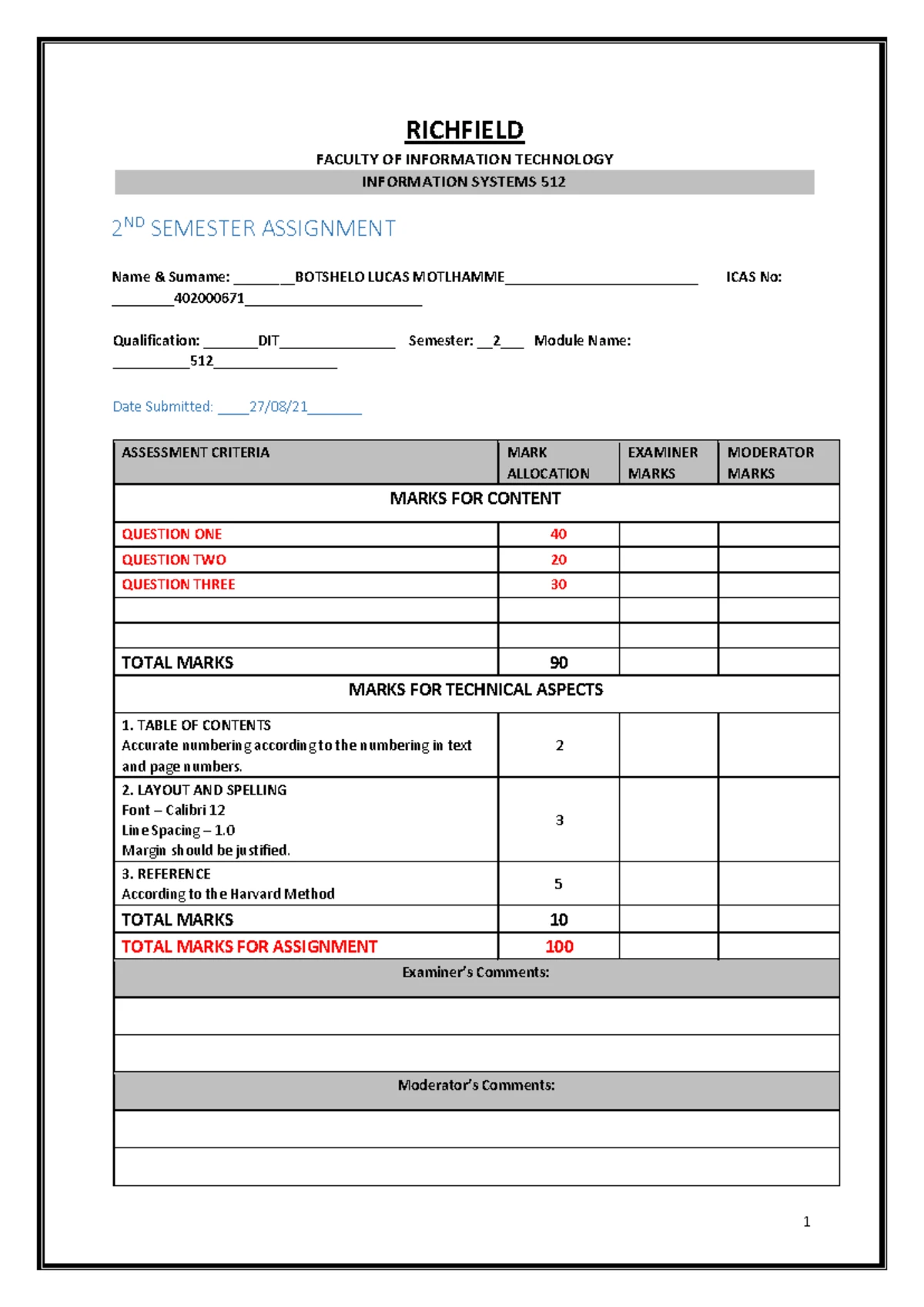 Richfield College Bursary Application Letter and Achievement ...