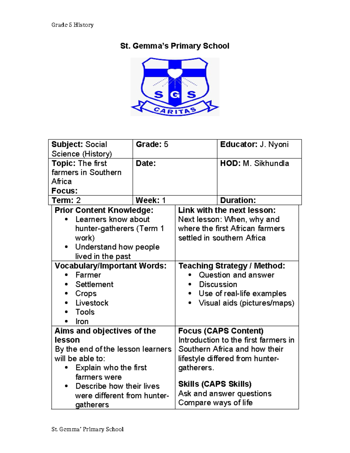 Grade 5 History Lesson Plans: The First Farmers in Southern Africa ...