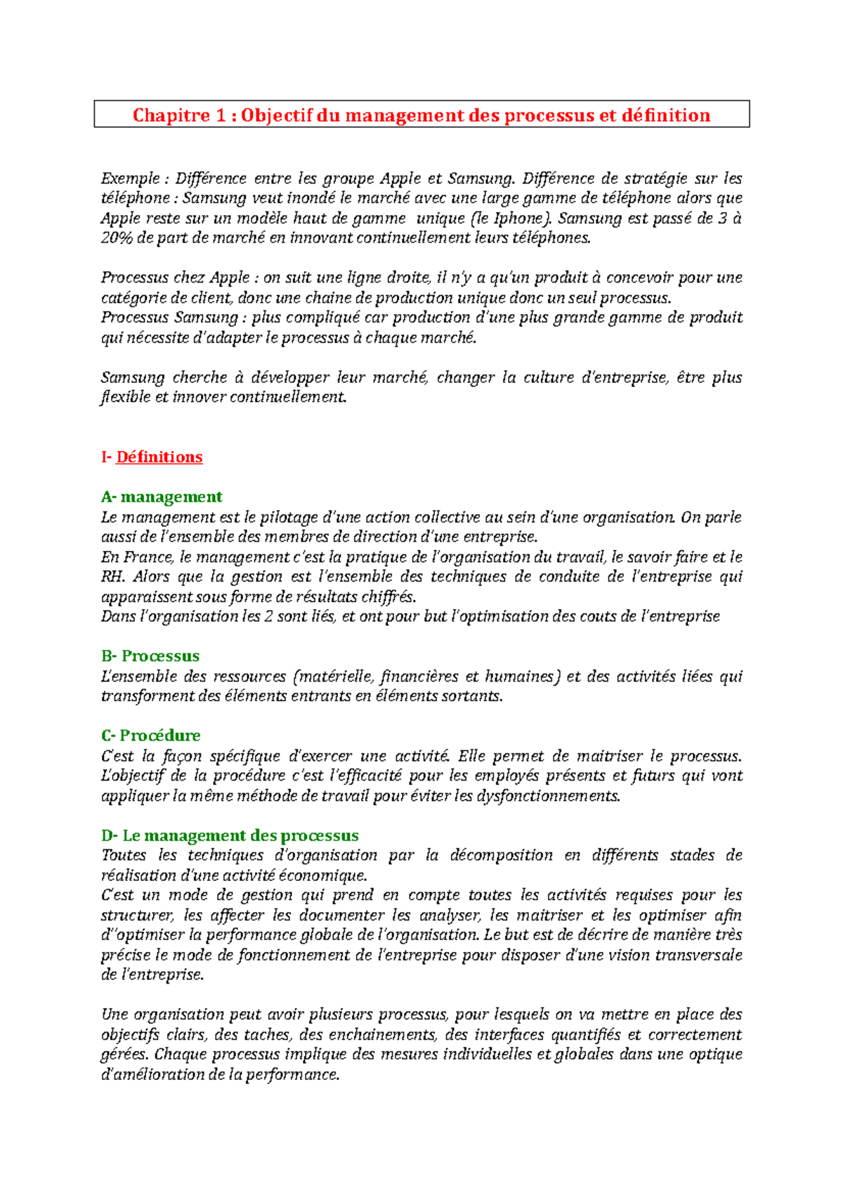 Chapitre 1 - Objectif du Management des Processus et Définitions - Studocu
