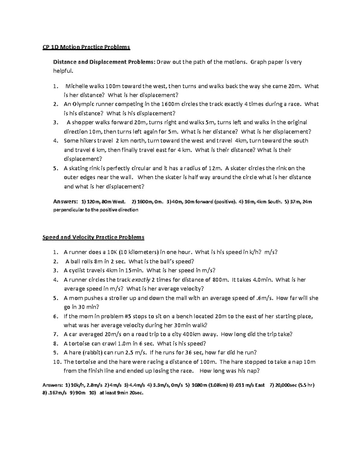 CP - 1D Motion & Speed Practice Problems and Solutions - Studocu