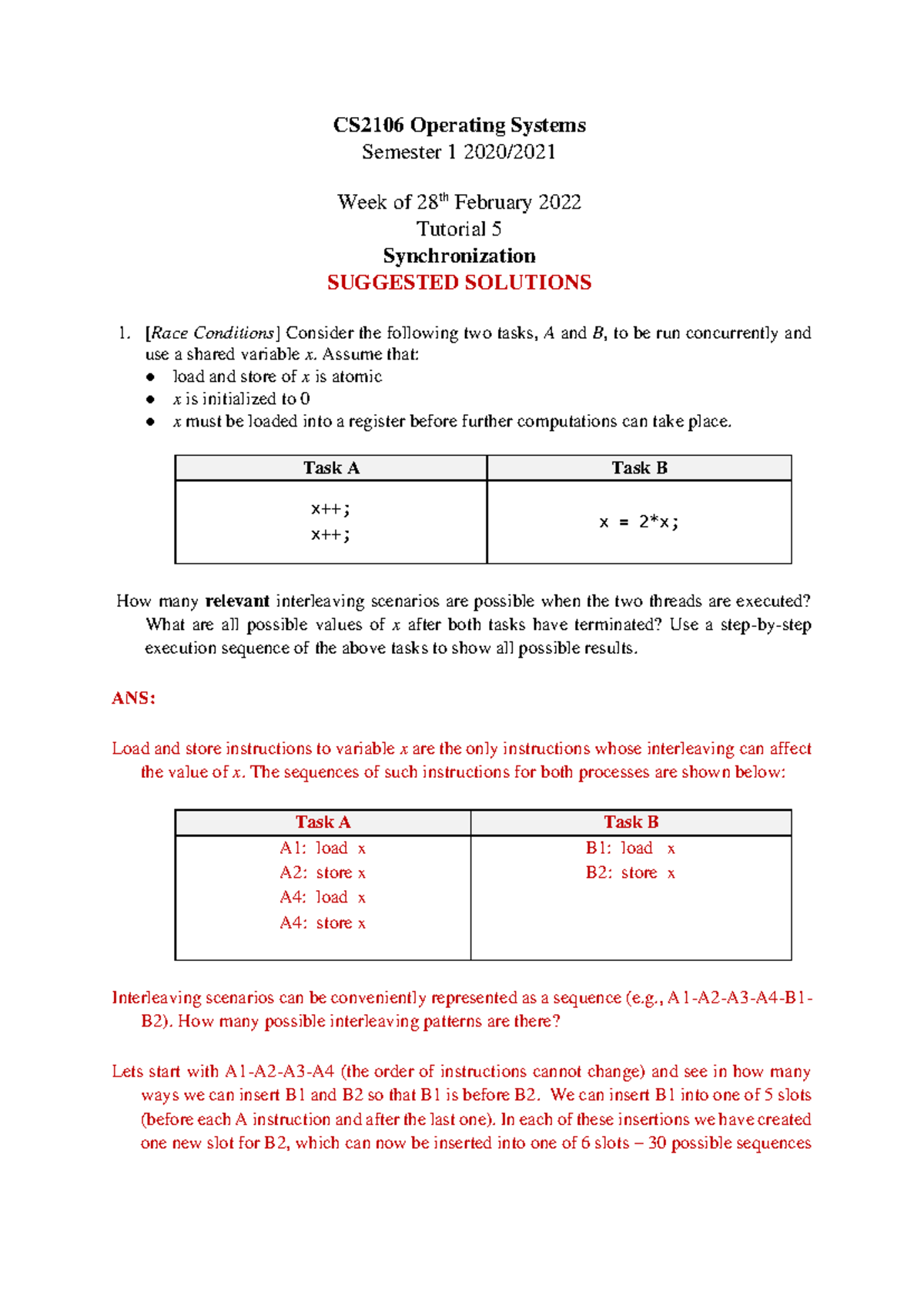 CS2106 Operating Systems Tutorial 5 Suggested Solutions on Synchronization - Studocu