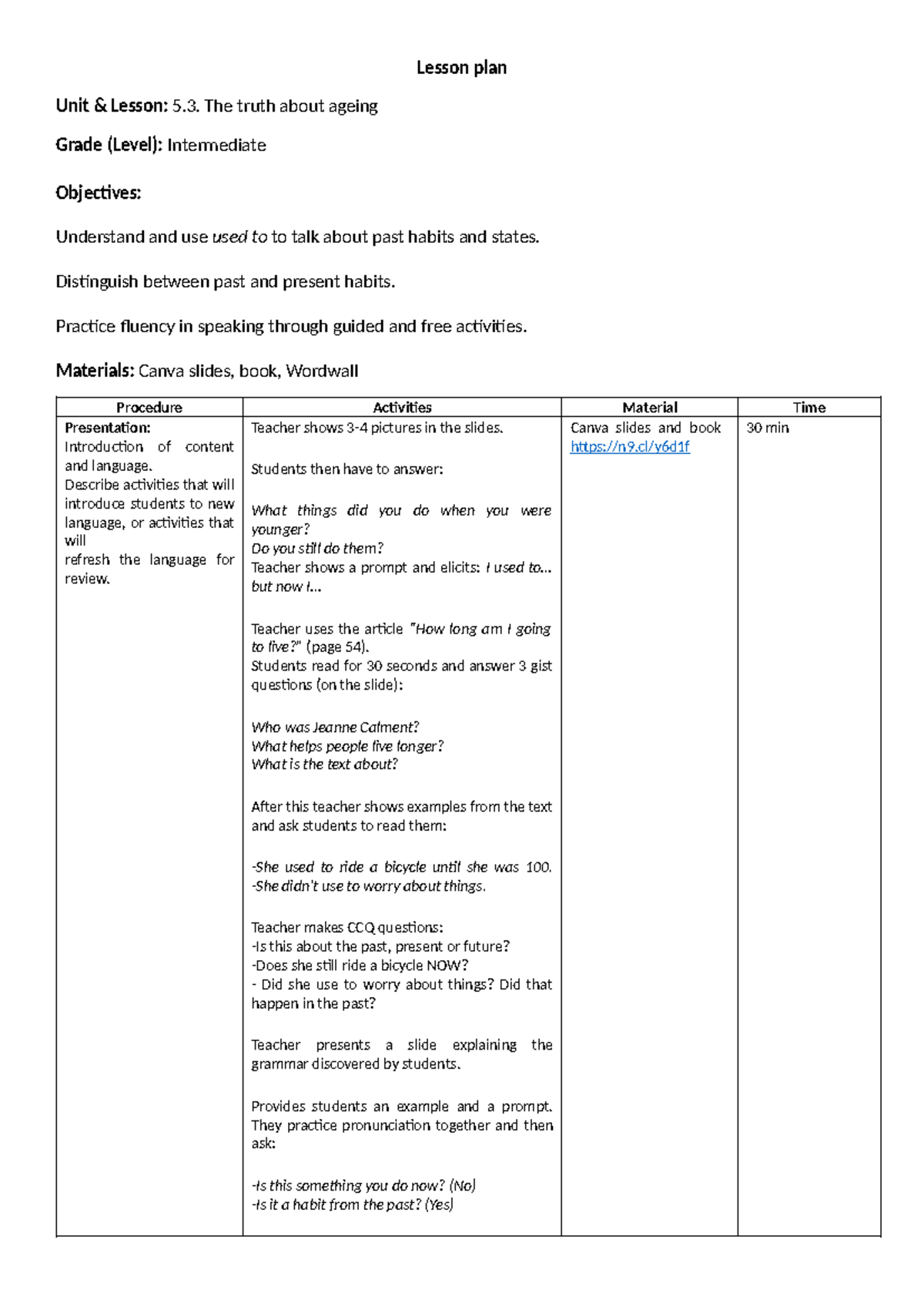 Lesson Plan: Unit 5.3 - The Truth About Ageing (Intermediate) - Studocu