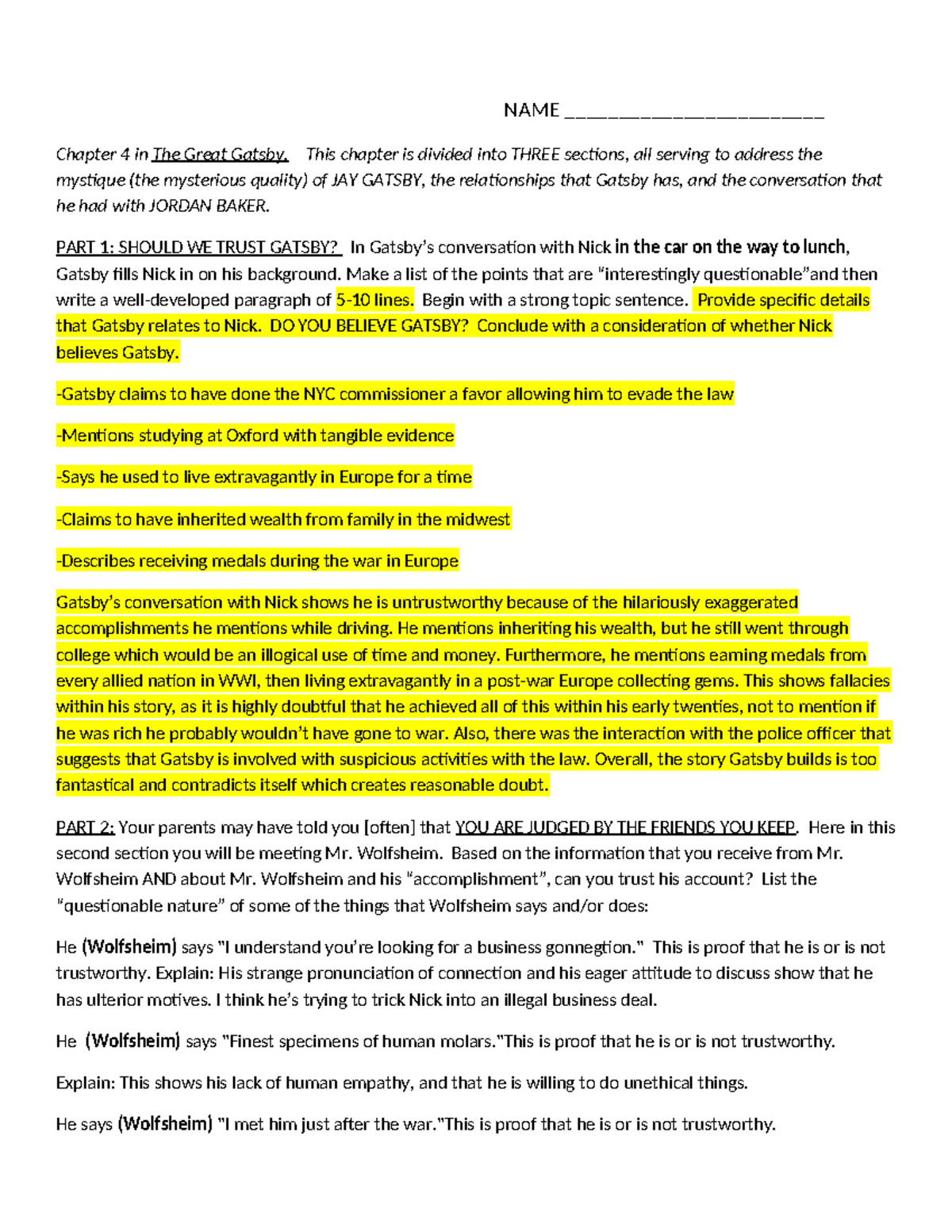 Gatsby Ch 4: Analyzing Trust and Relationships in Tenth Grade English ...