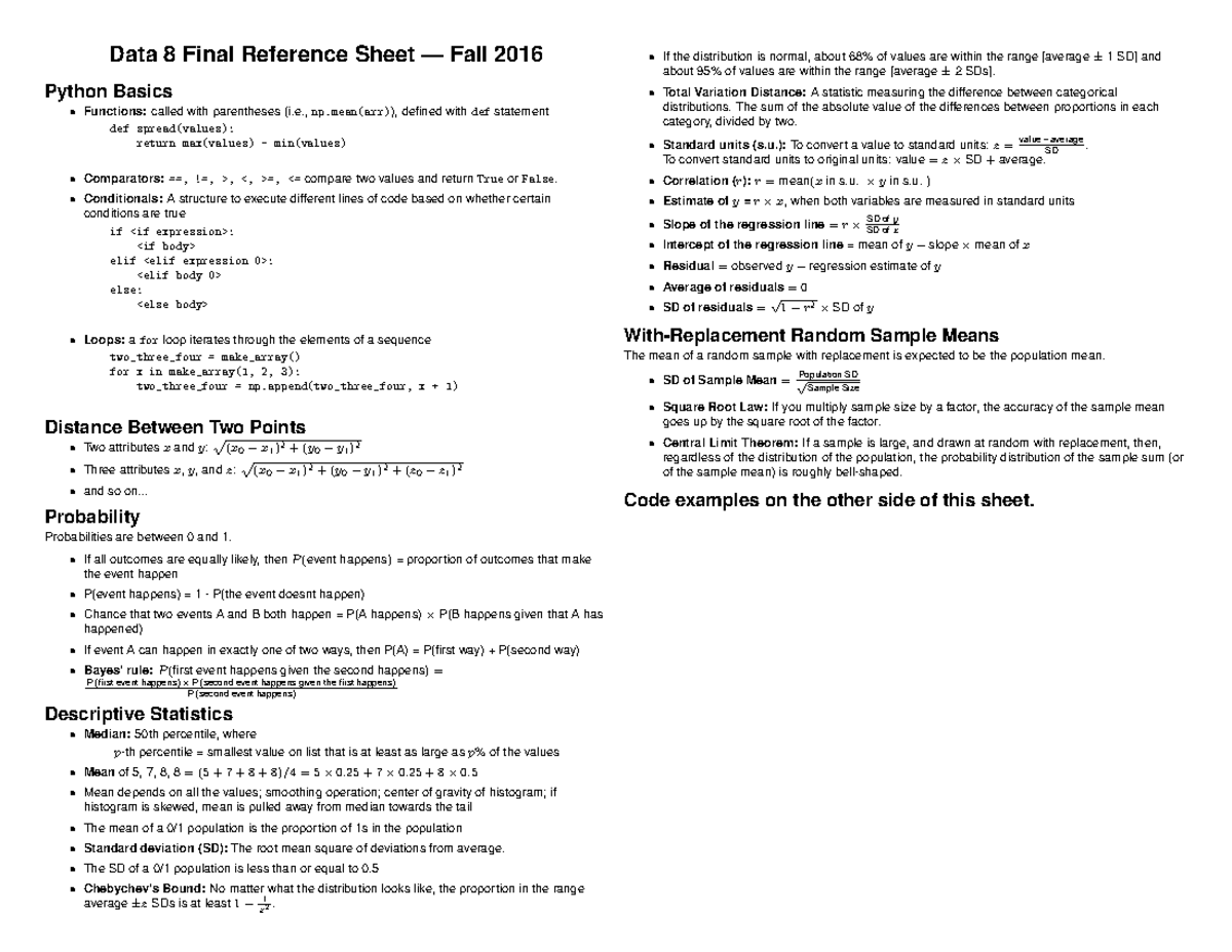Final reference sheet - , np(arr)), defined with def statement def ...