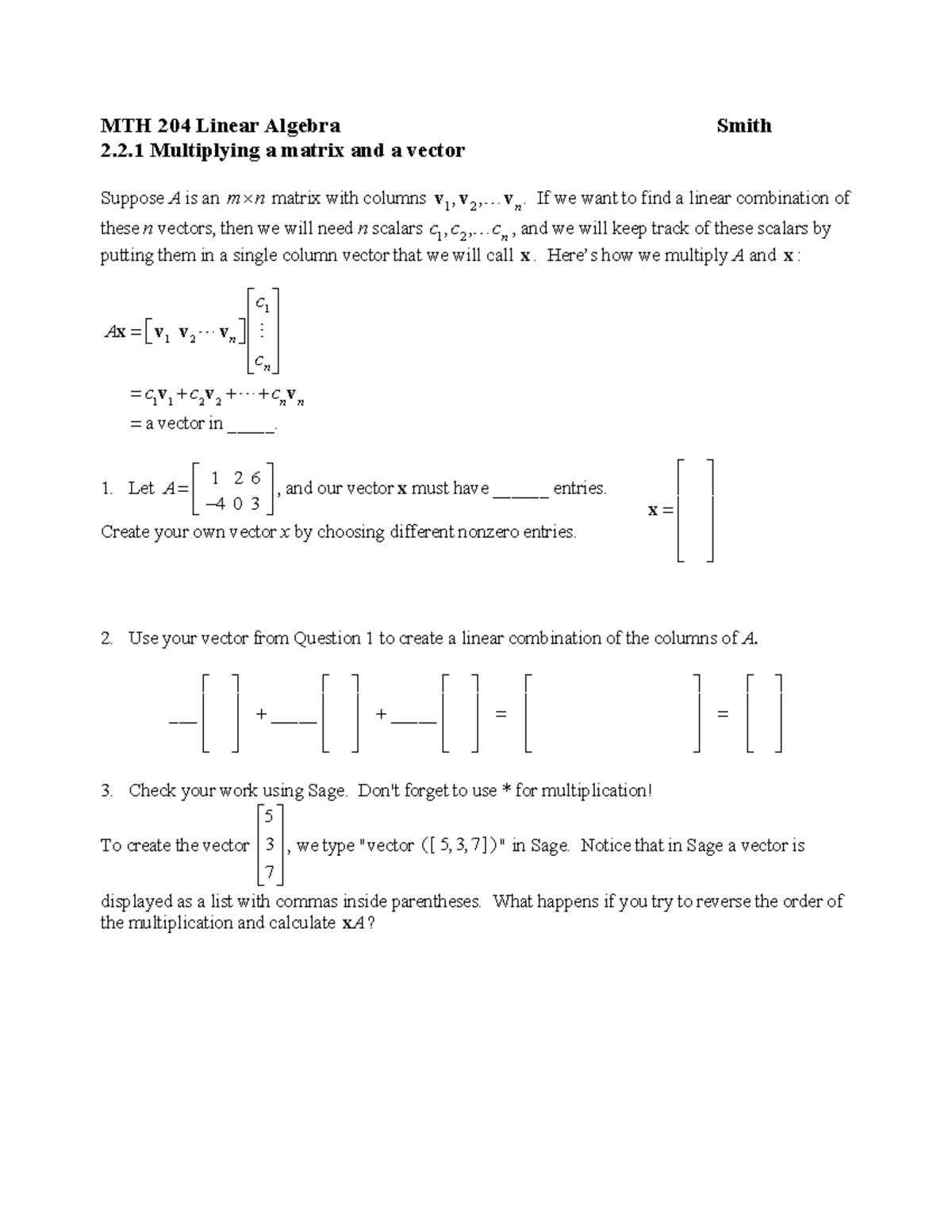 MTH 204 Linear Algebra Lecture Notes: Matrix & Vector Multiplication ...